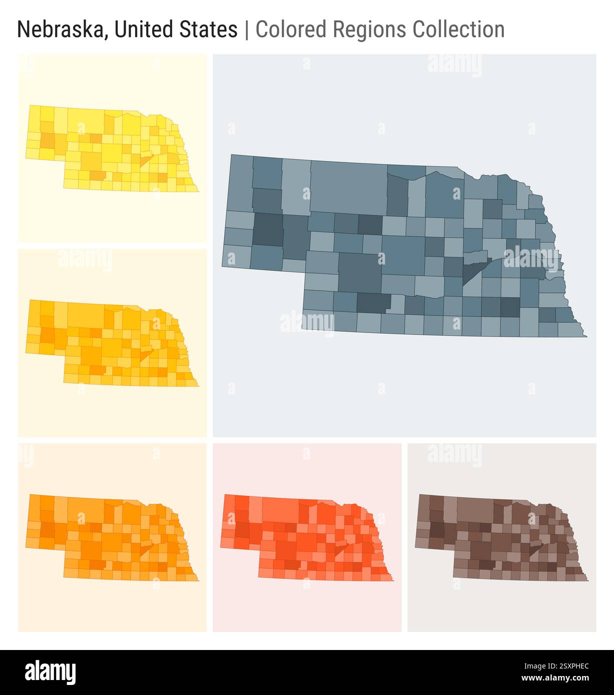 Nebraska, United States. Map collection. State shape. Colored counties ...