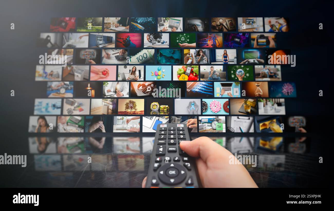 Media concept multiple television screens. Media library streaming ...