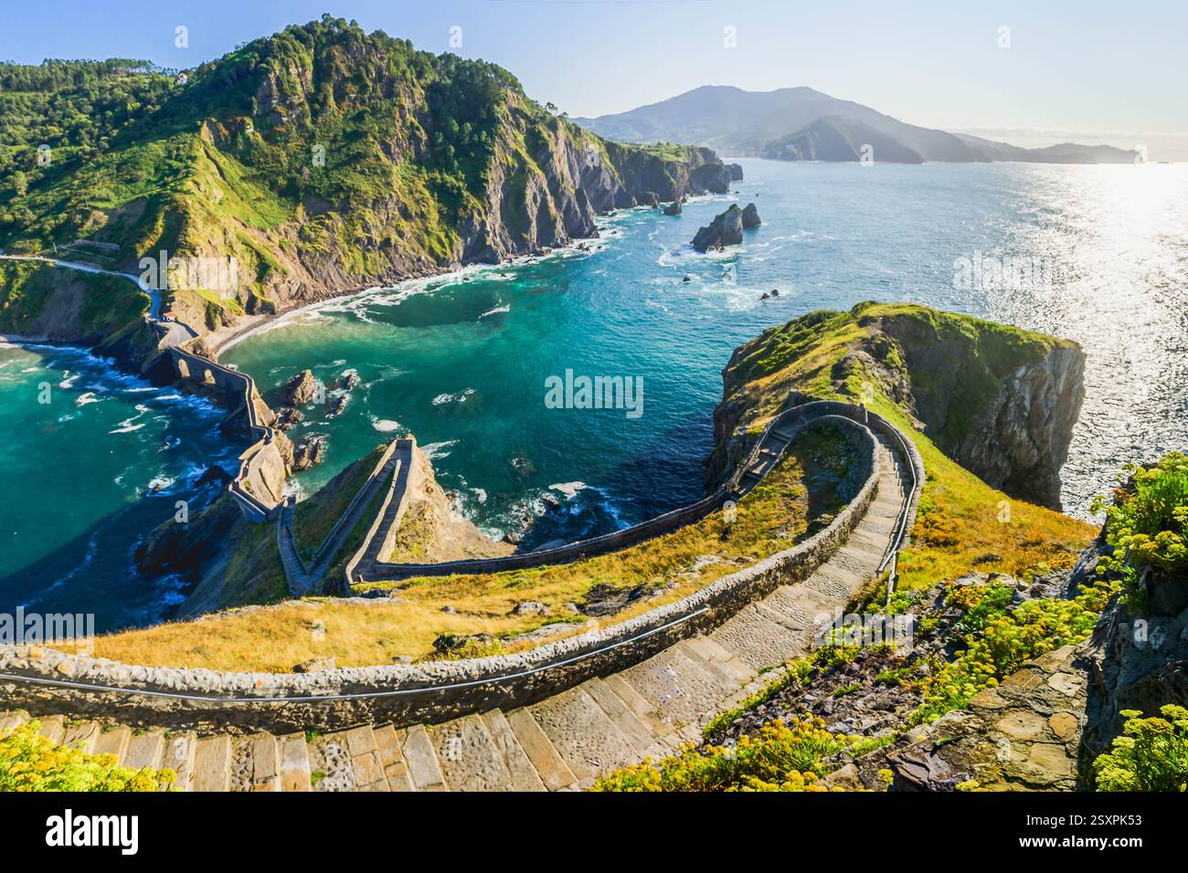 Panoramic view of stairs in San juan de Gaztelugatxe. Basque Country ...