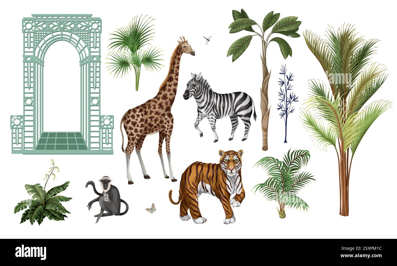 Architectural arch, portal, animals and tropic trees isolated. Vector ...