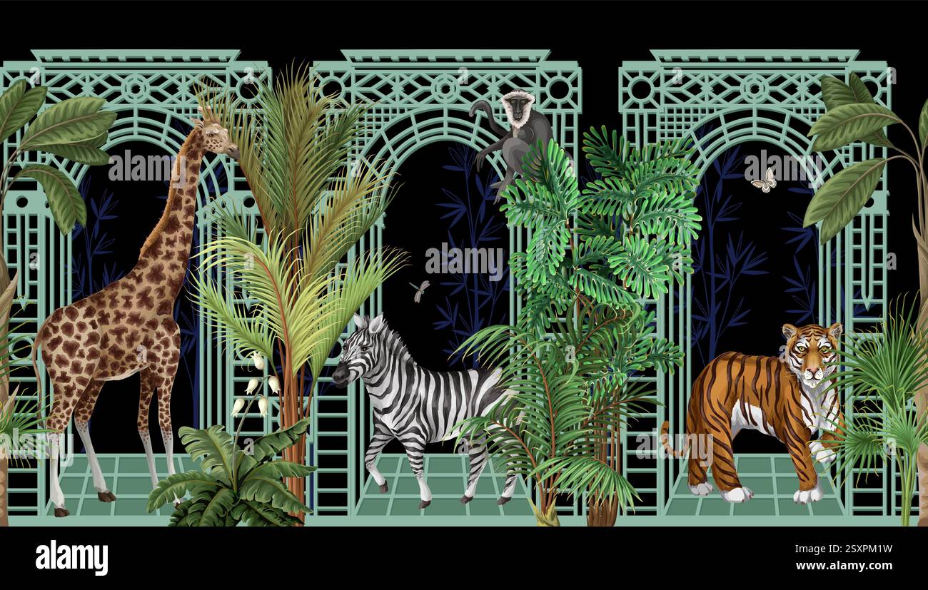 Border with architectural arch, portal, animals and tropic trees ...