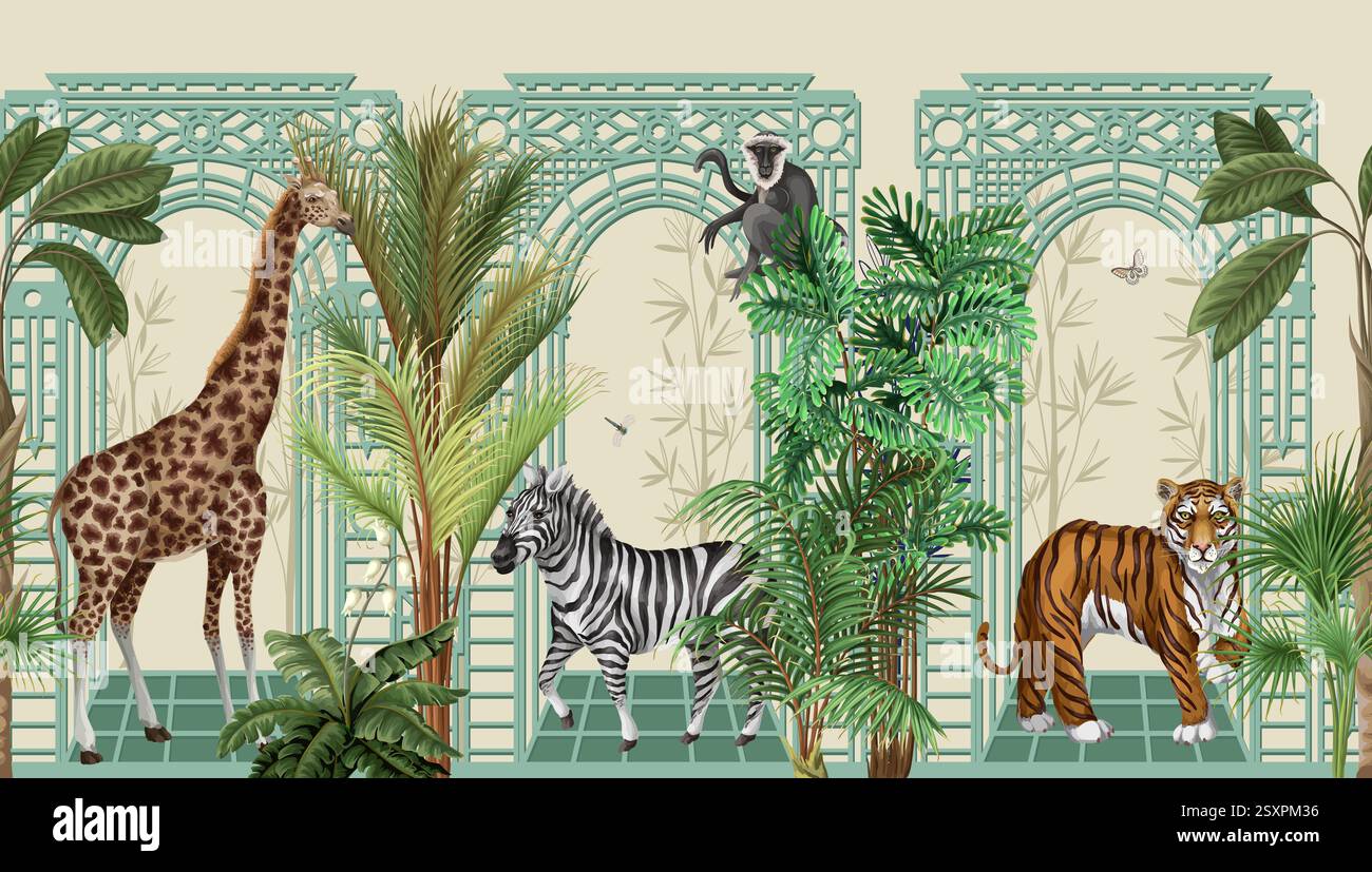 Border with architectural arch, portal, animals and tropic trees ...