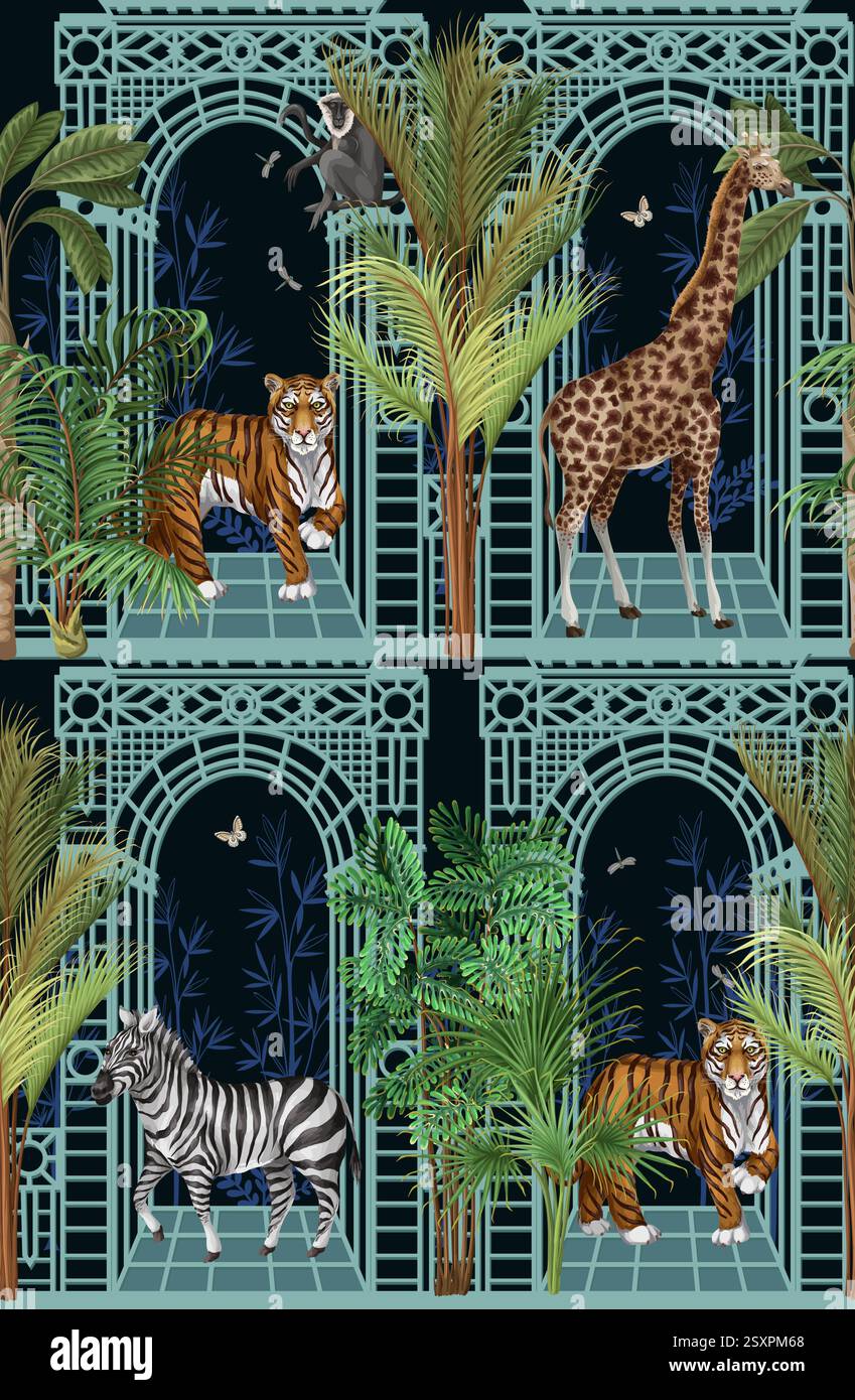 Seamless pattern with architectural arch, portal, animals and tropic ...
