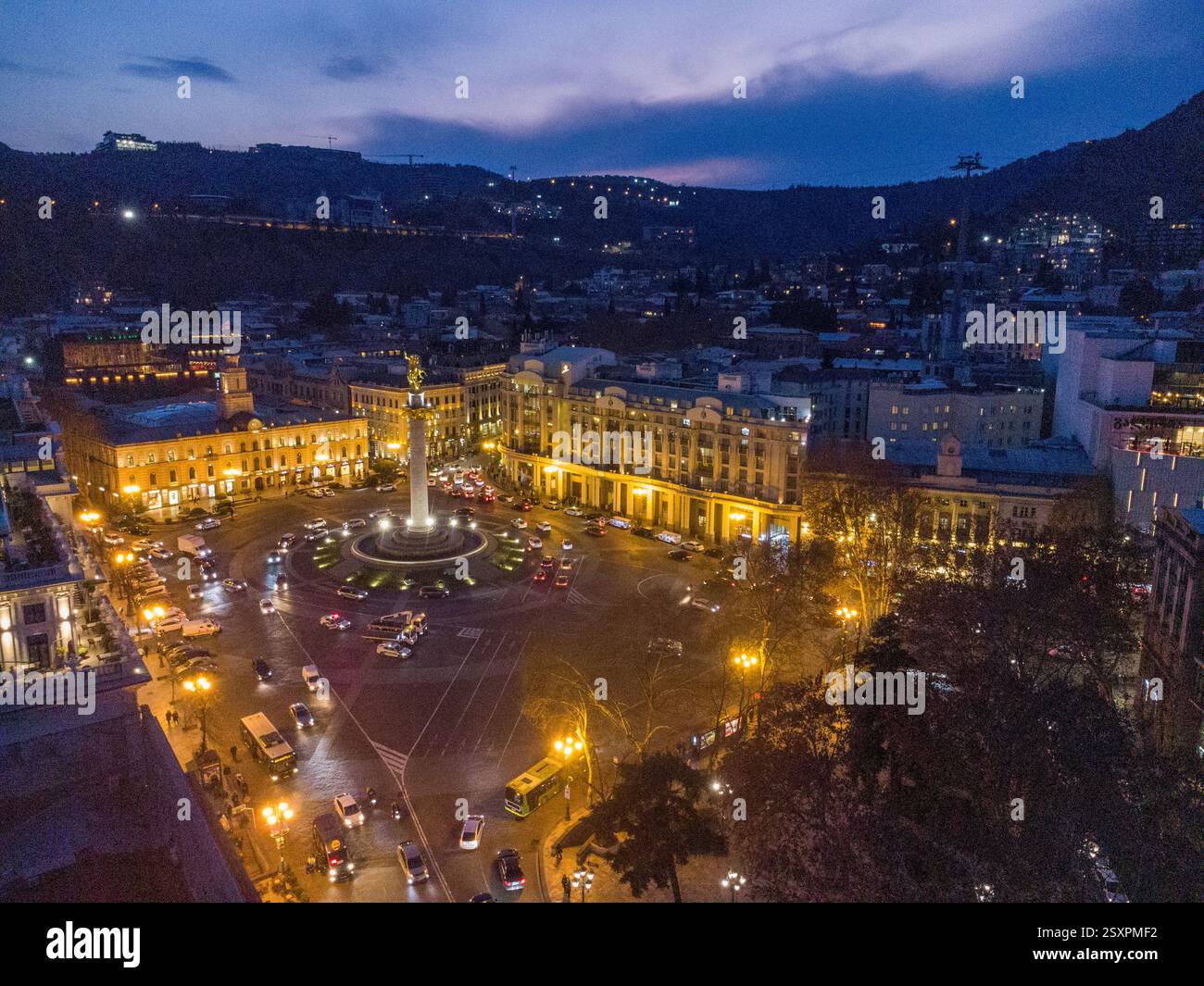 Aerial view of Freedom Square in Tbilisi. On the left is Tbilisi City ...