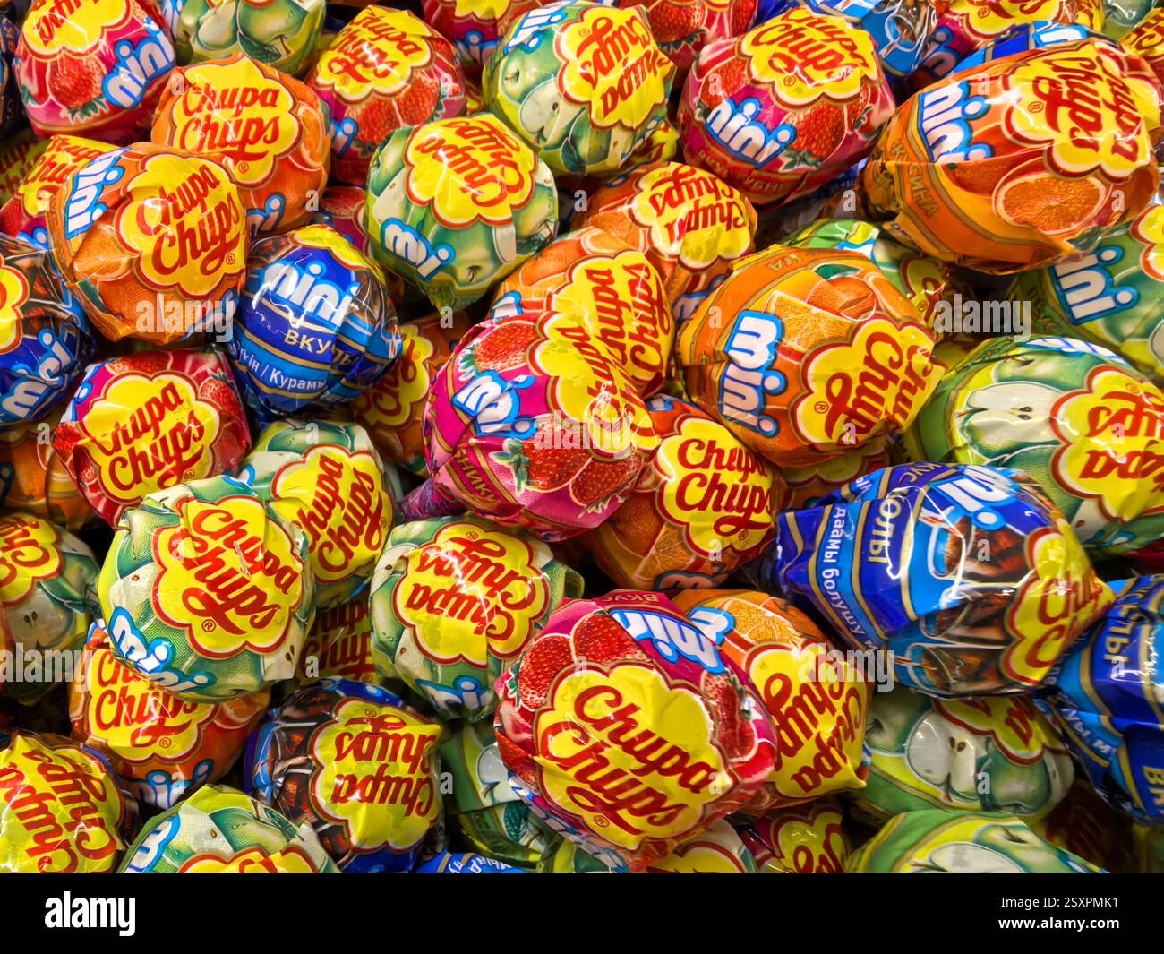 Bobruisk, Belarus - February 21, 2025: A delightful assortment of lollipops Chupa chups fills ...