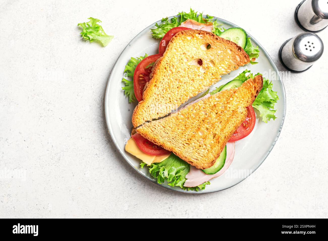 Club sandwich cut in half on white background, top view, copy space ...