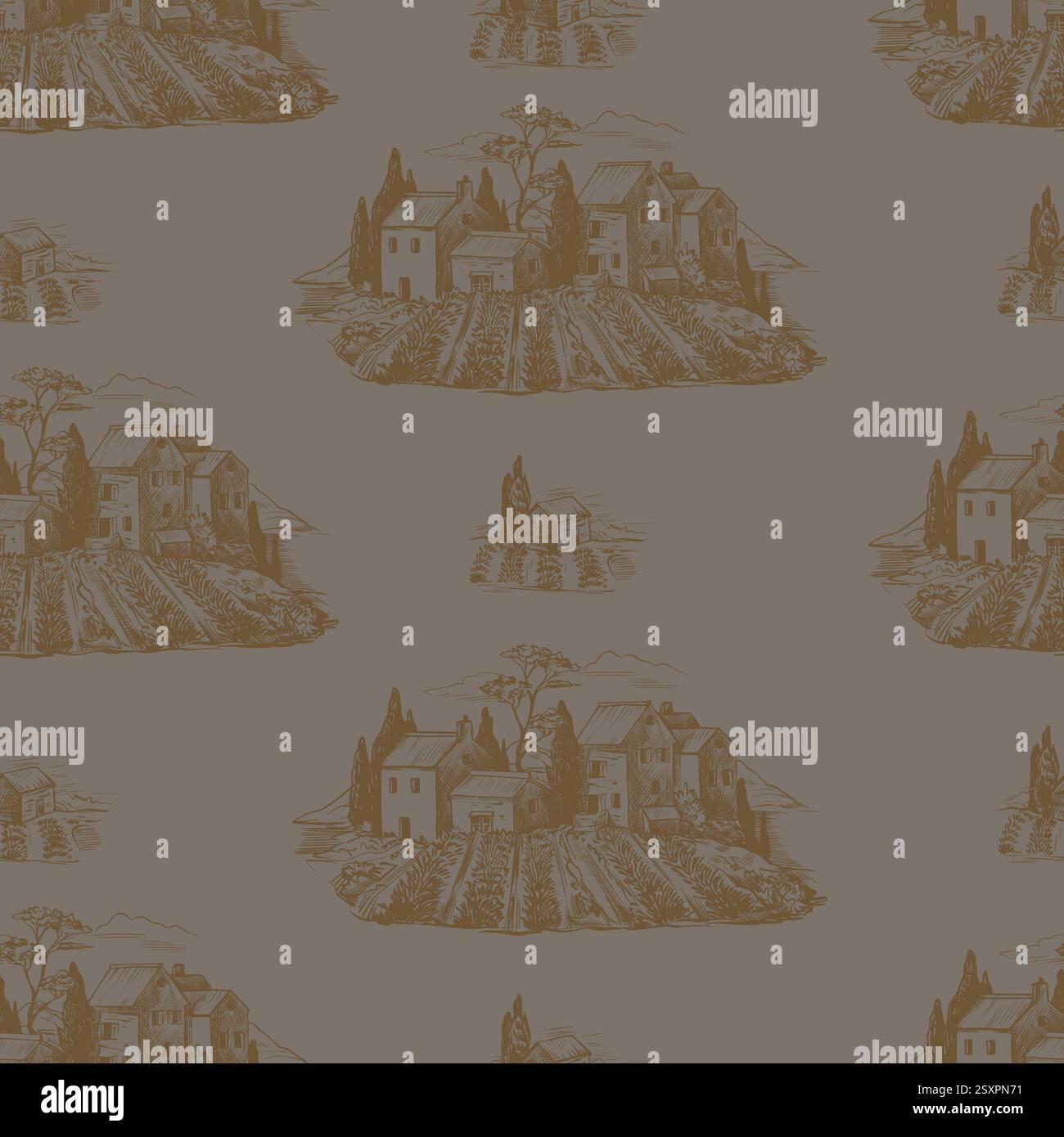 Seamless pattern with medieval houses and mill in Toile style. Vector ...