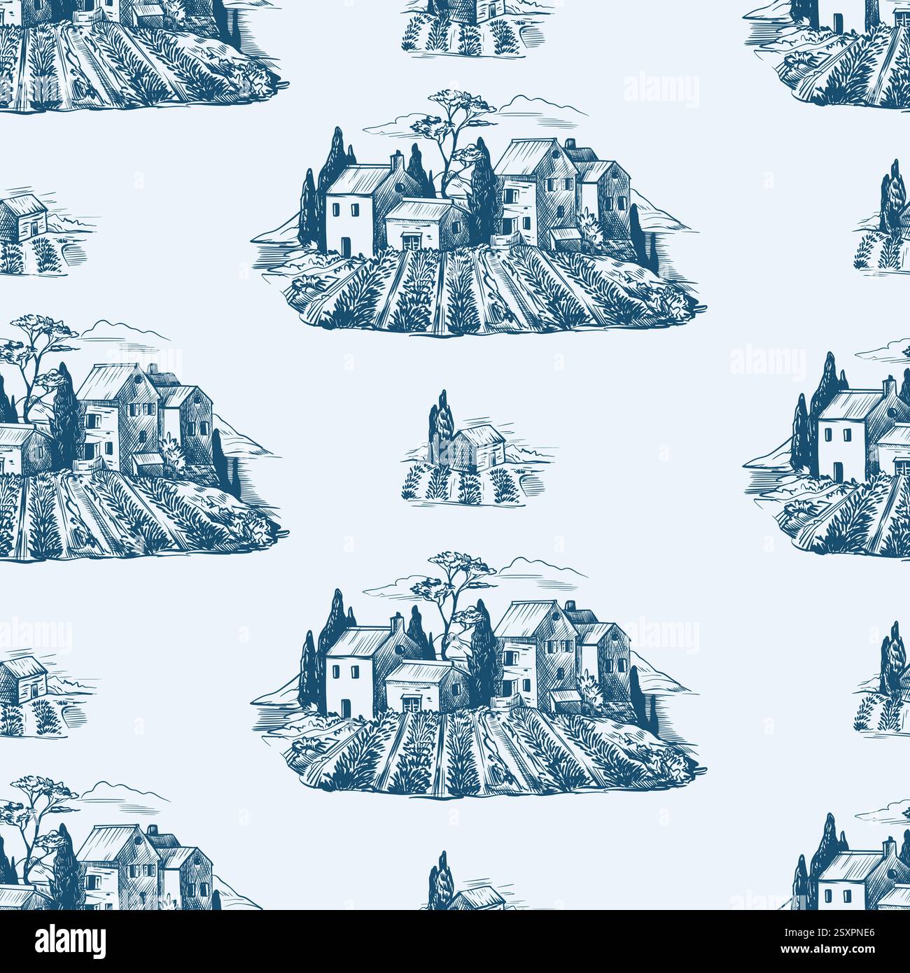 Seamless pattern with medieval houses and mill in Toile style. Vector ...