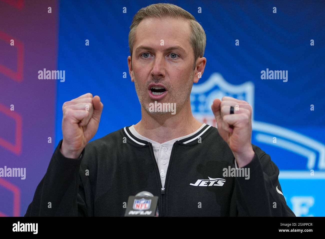 New York Jets general manager Darren Mougey speaks during a press ...