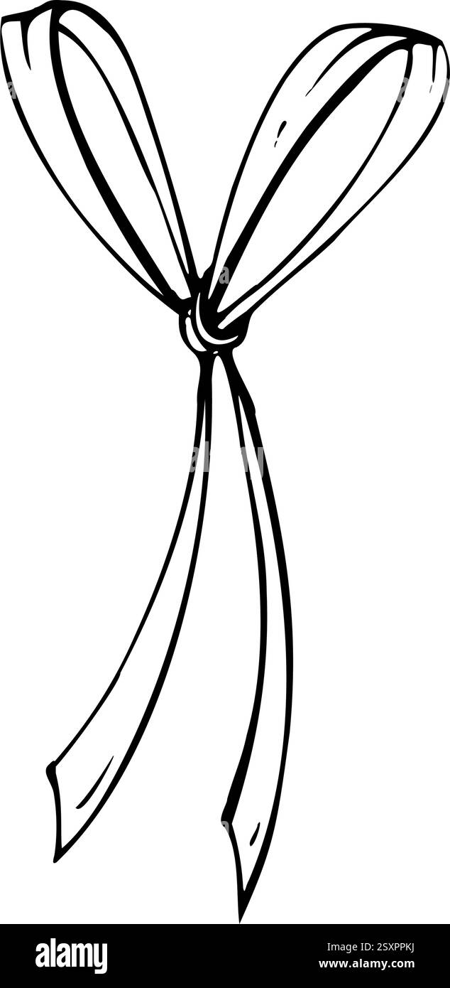 Satin, small, simple bow made of fabric, thin ribbons. Graphic sketch ...