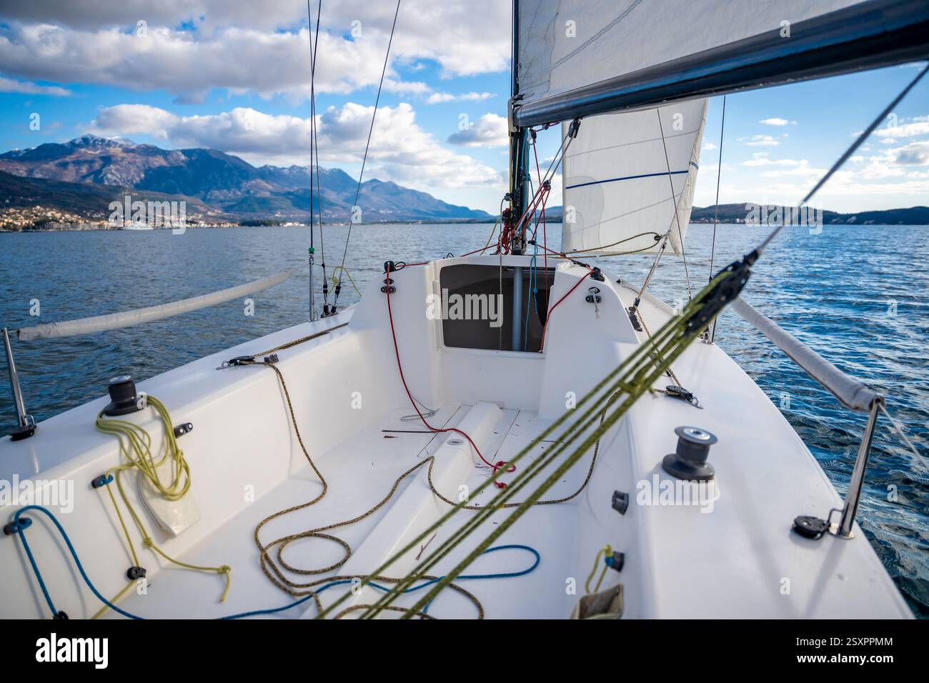 Sports yacht sailing in the Kotor Bay, Montenegro, representing ...