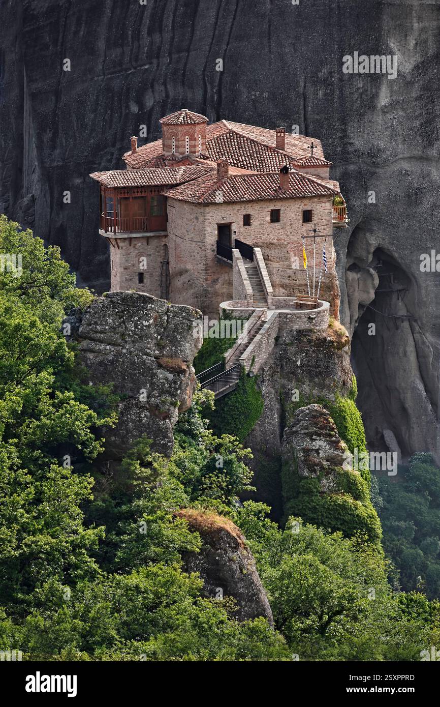 Medieval Meteora Monastery of St. Rousanou (Μονή Ρουσάνου)on top of a ...