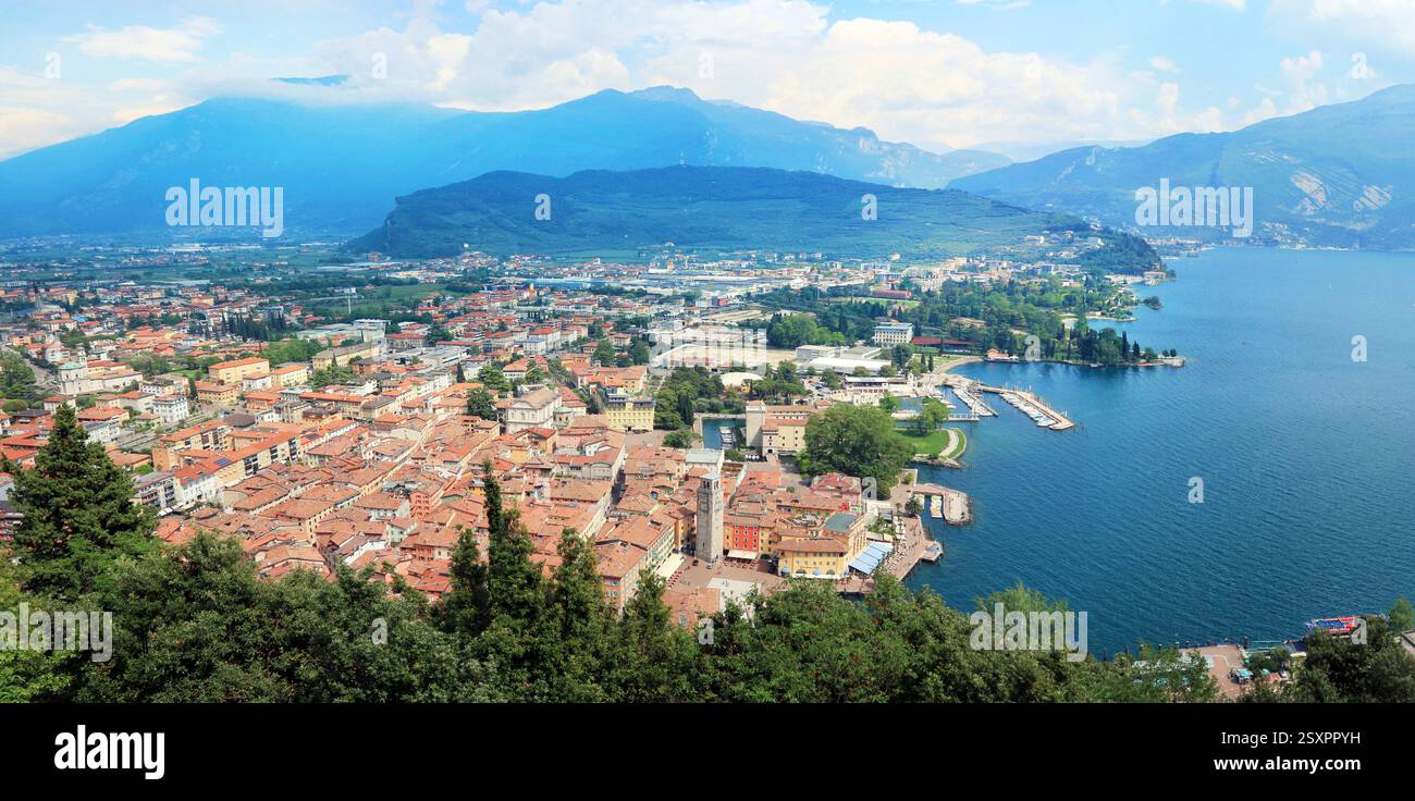 The small town of Riva and its port on Lake Garda in the Italian Alps ...