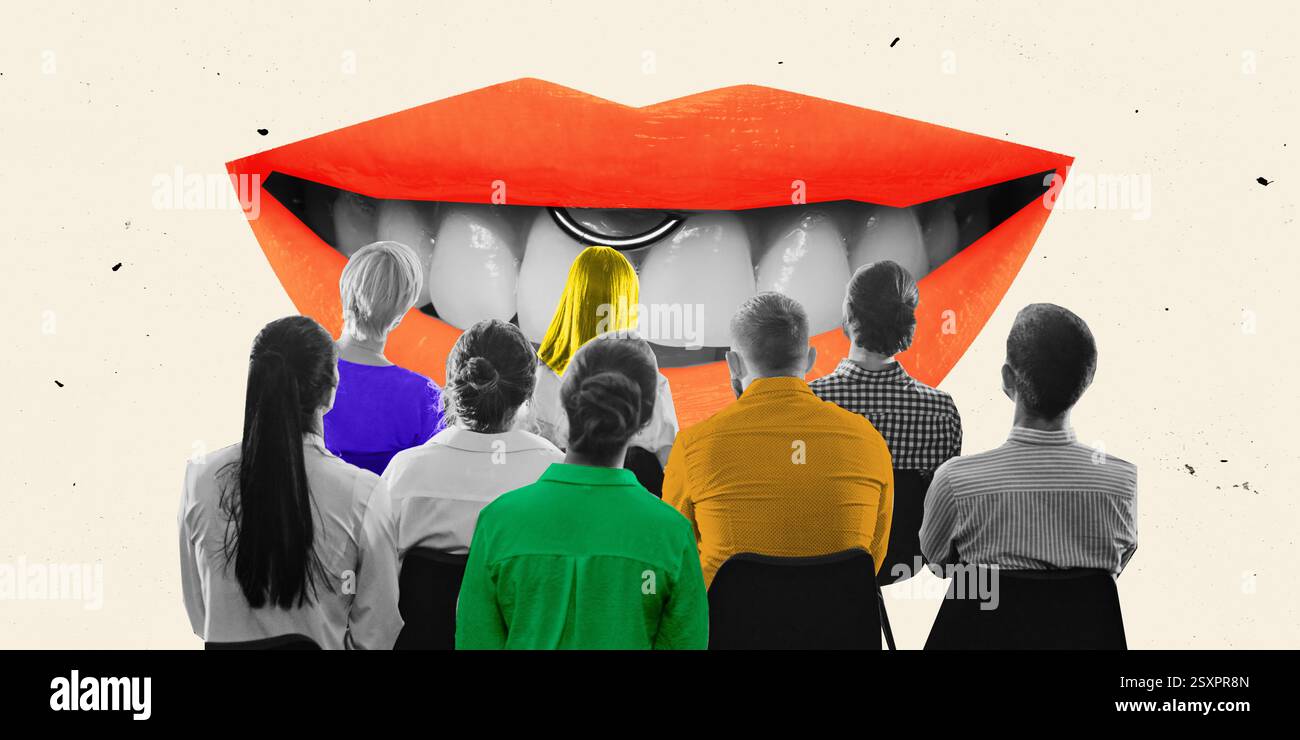 Modern artwork. Audience facing giant lips with bold colors and ...