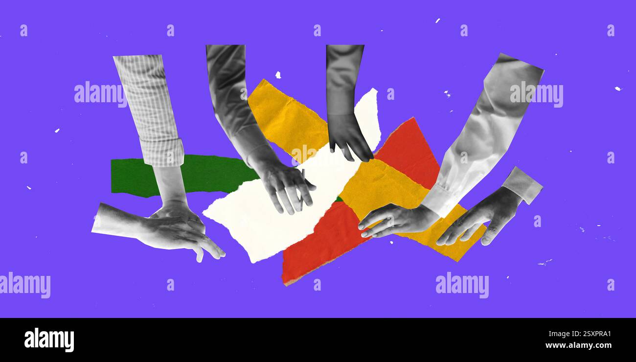 Conceptual art collage. Business hands reaching towards colorful papers ...