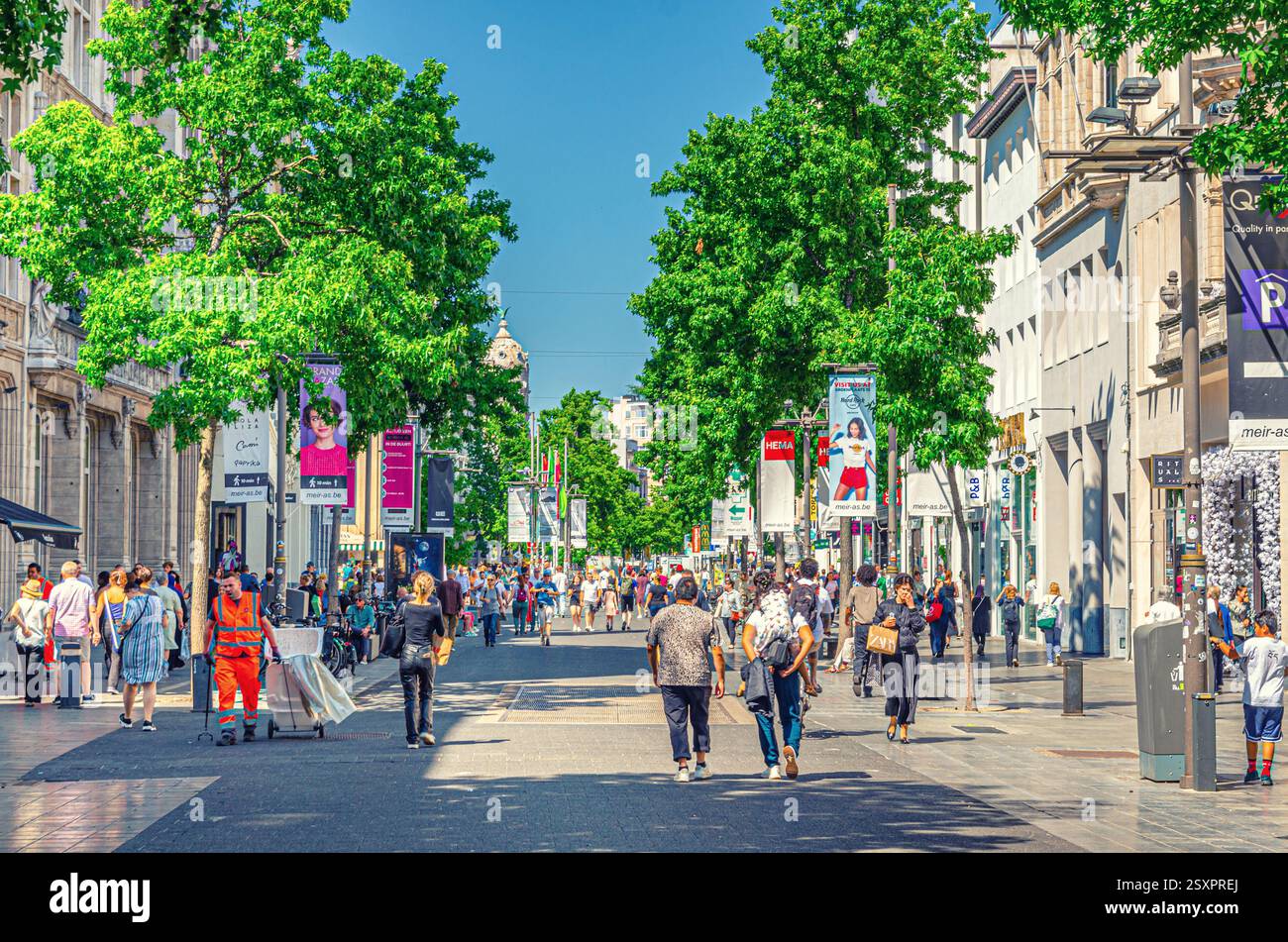 Antwerp, Belgium, July 7, 2023: crowd of people tourists walking down ...