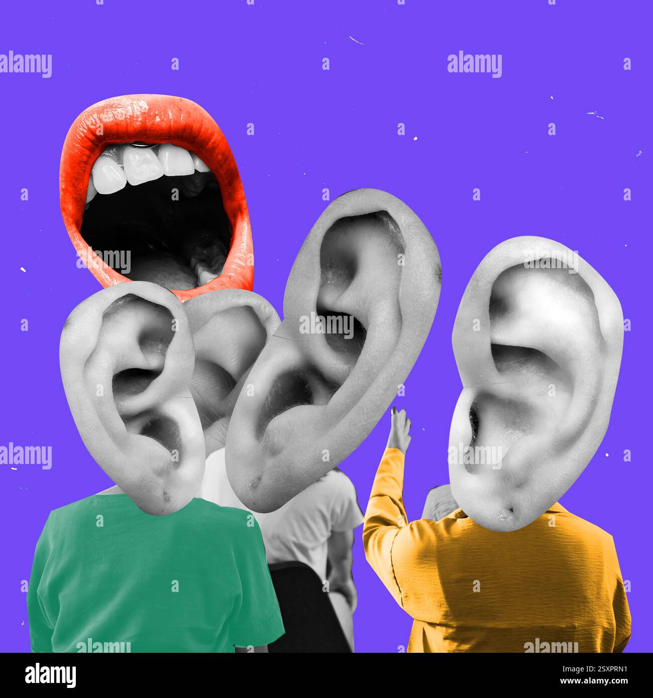 Contemporary artwork. Oversized ears listening to giant lips speaking ...