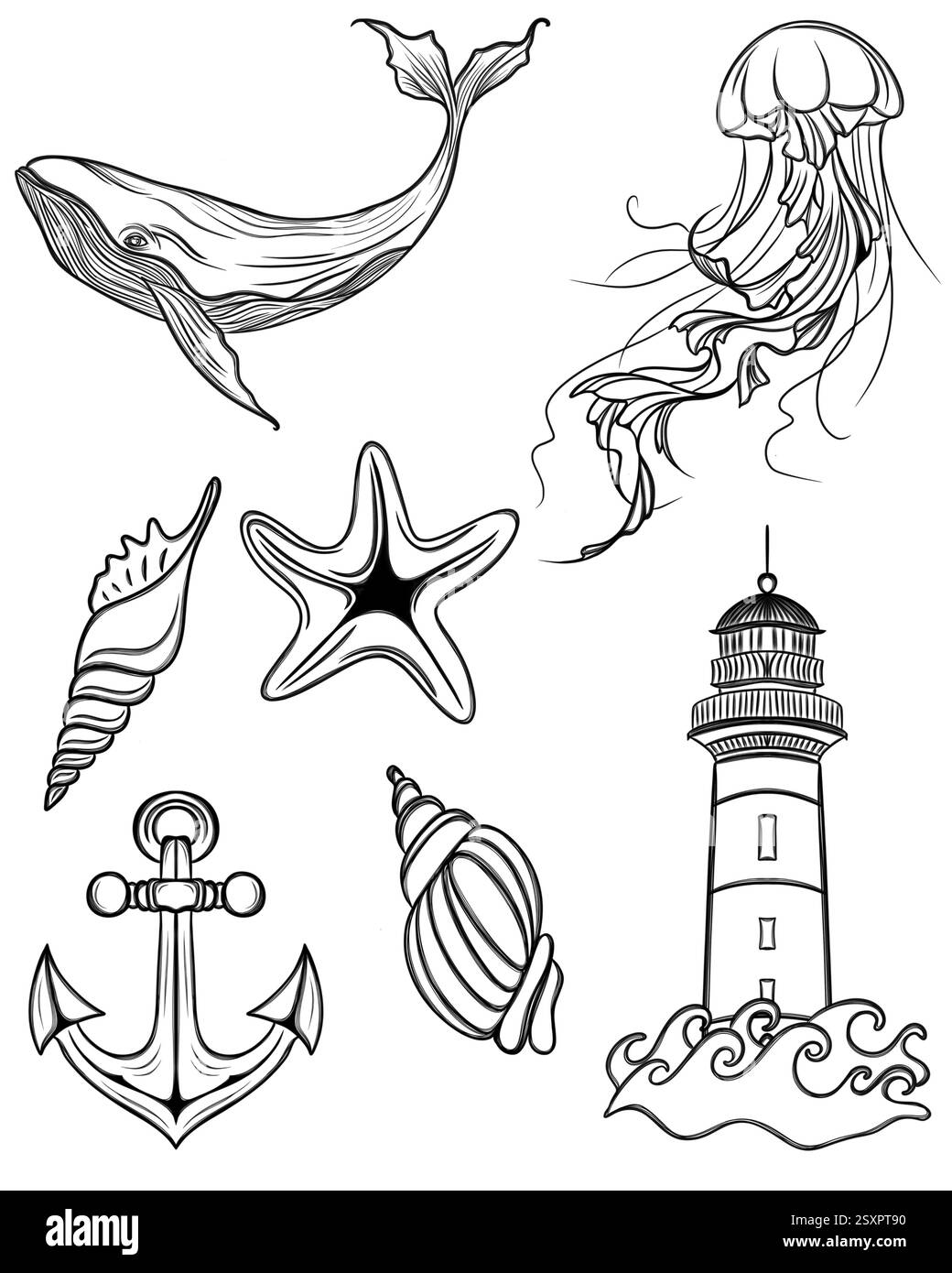 Large set of beautiful marine stickers - detailed Line Art design ...