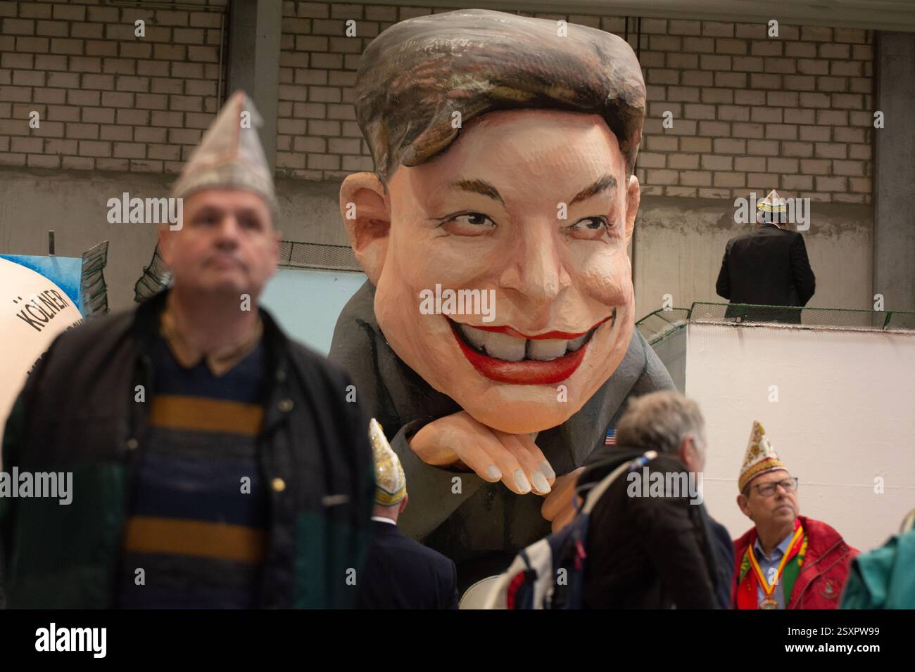 A carnival float featuring Elon Musk is seen during a press preview of ...