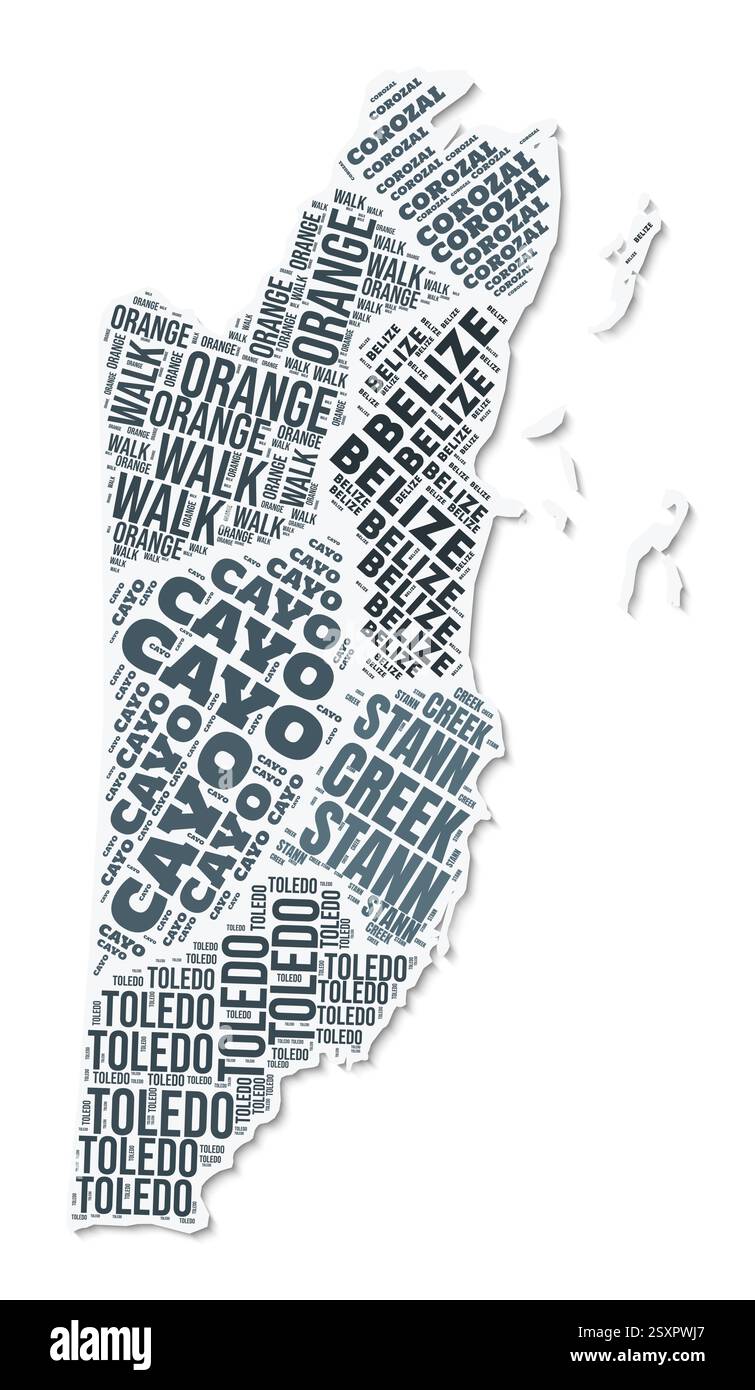 Belize shape text cloud. Country border with shadow on white background ...