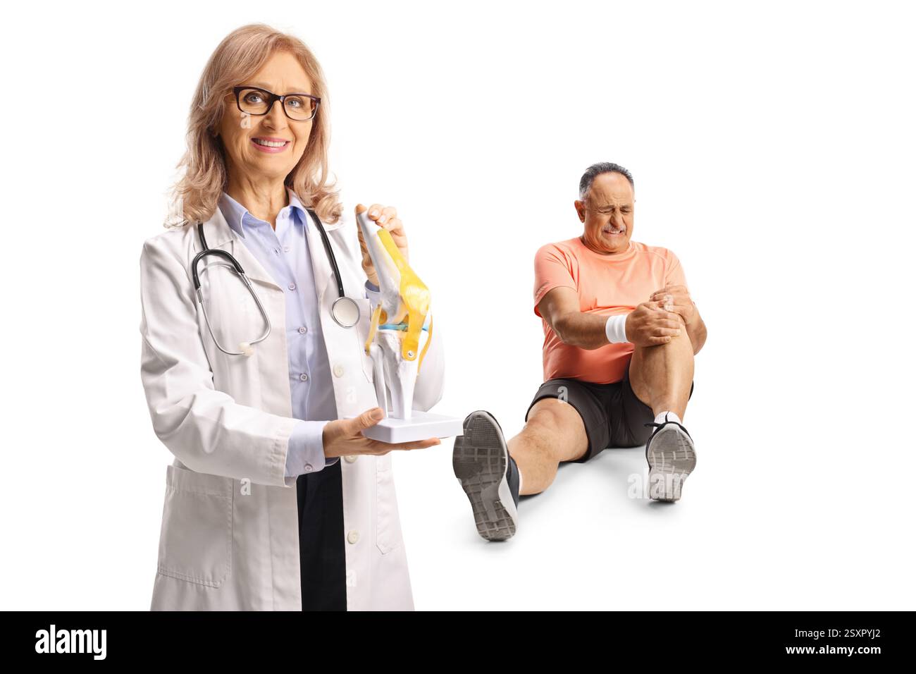 Mature male patient and an orthopaedic doctor holding a knee bone model ...