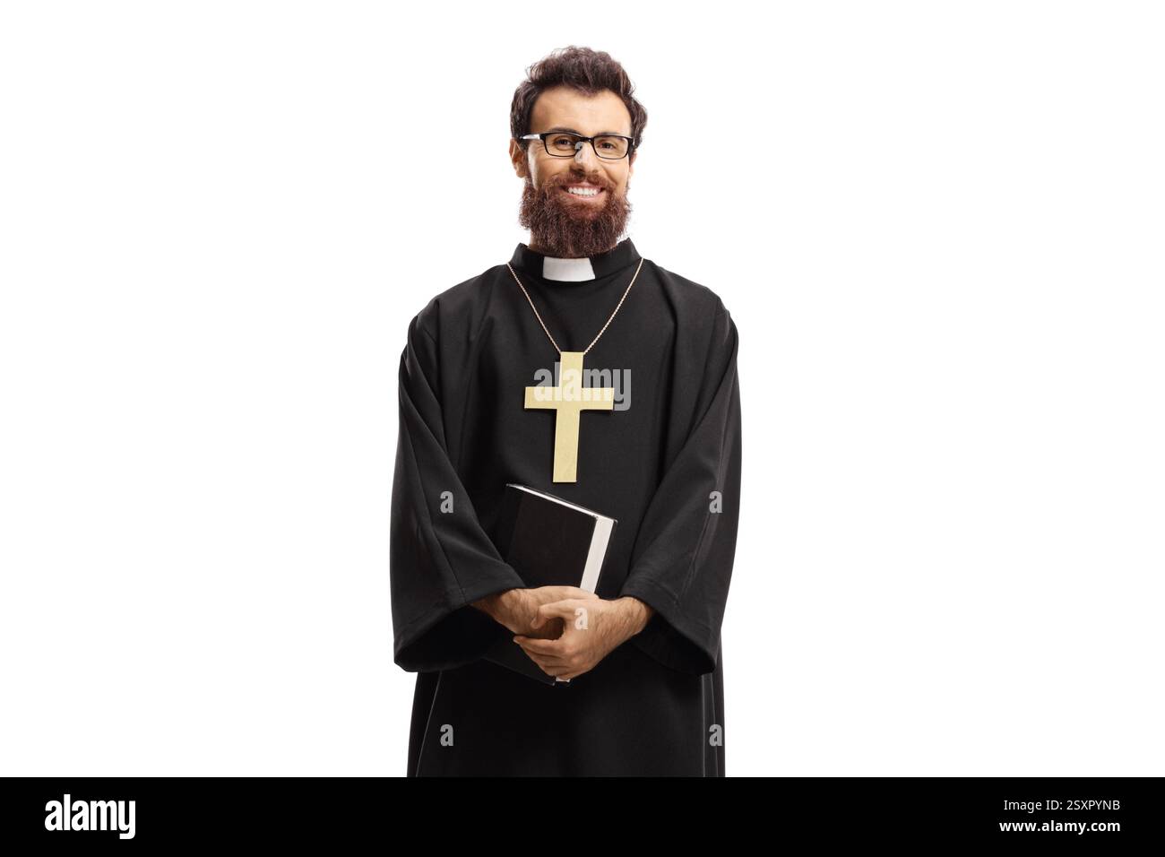 Priest standing and holding the Bible isolated on white background ...