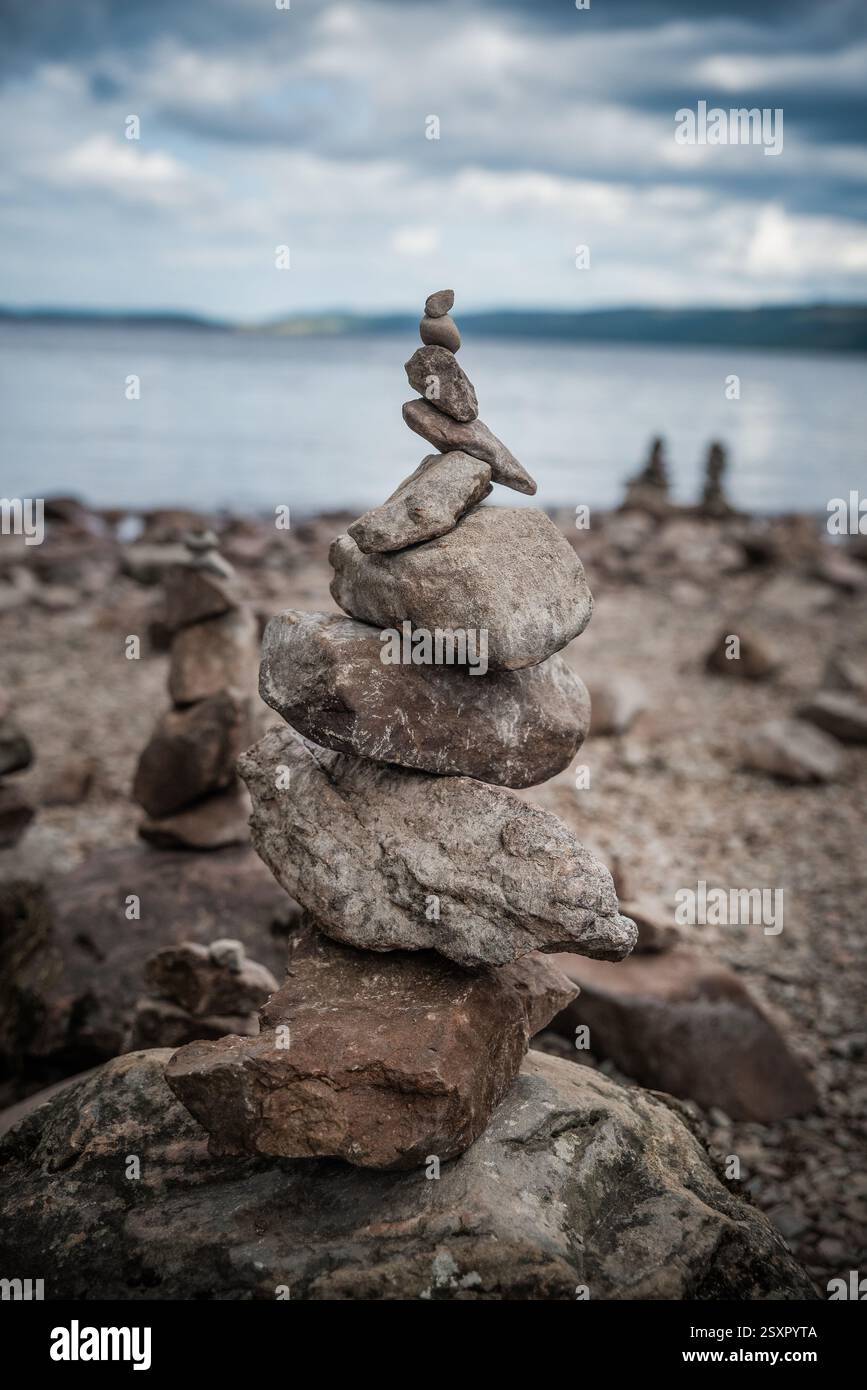 Small rock structures on the shore of Loch Ness, Drumnadrochit ...
