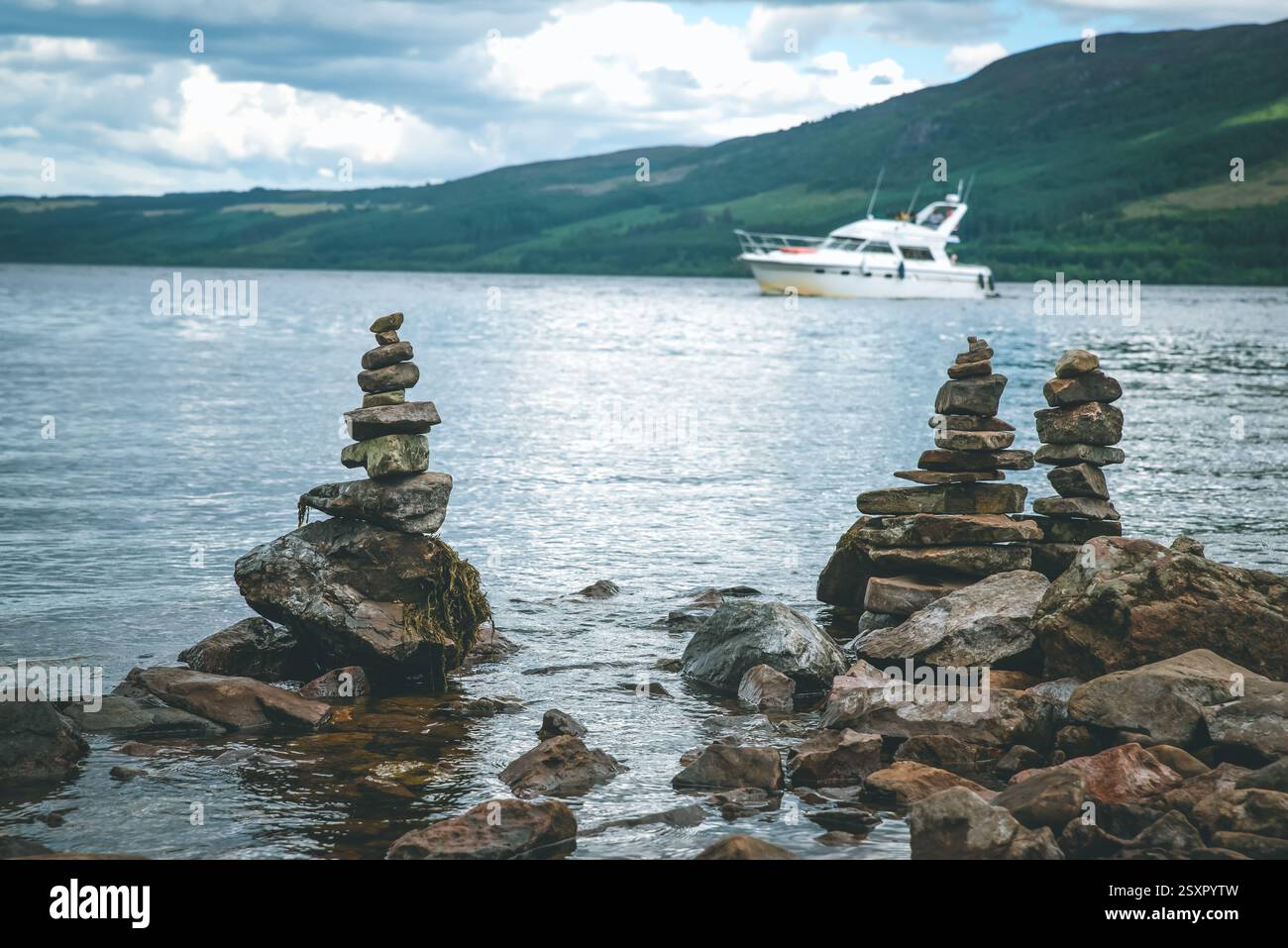 Small rock structures on the shore of Loch Ness, Drumnadrochit ...