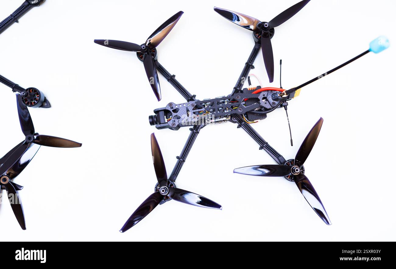 FPV drone in production on white background Stock Photo - Alamy