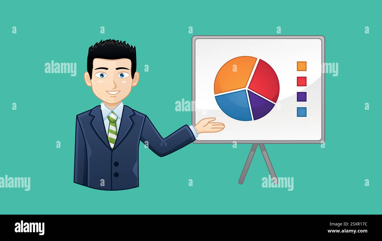 Man in suit presenting data on flipchart with pie chart. Vector ...