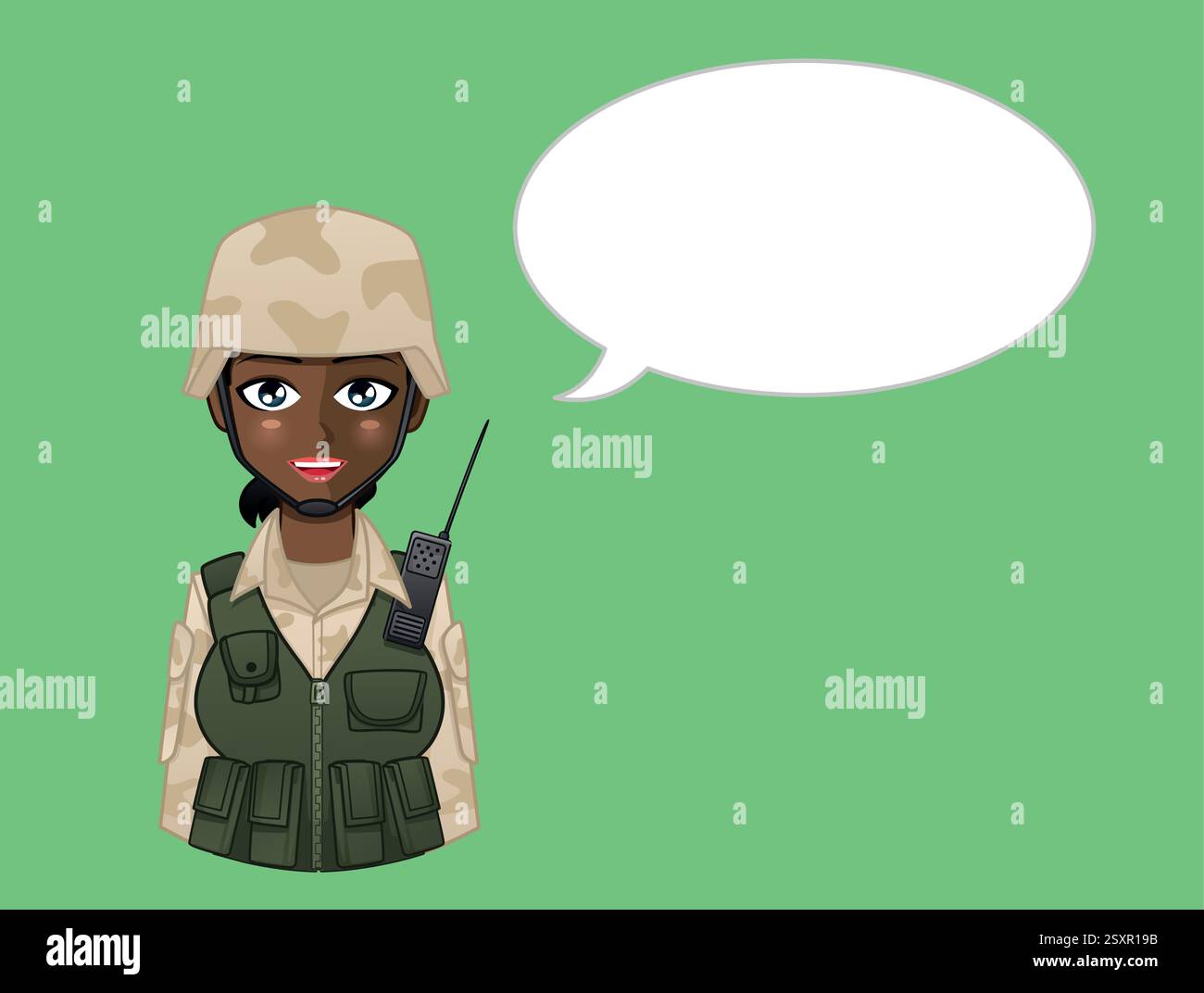 Graphic of a female soldier with a speech bubble. The figure is dressed ...