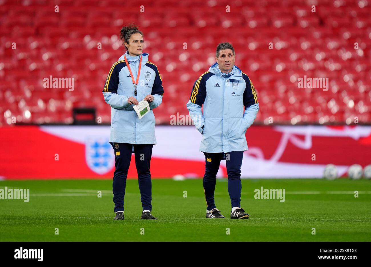 Spain coach Montse Tome (left) during a training session at Wembley ...