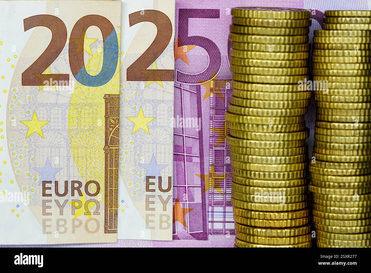 Year 2025 from Euro notes, euro banknotes arranged in 2025, year symbol ...