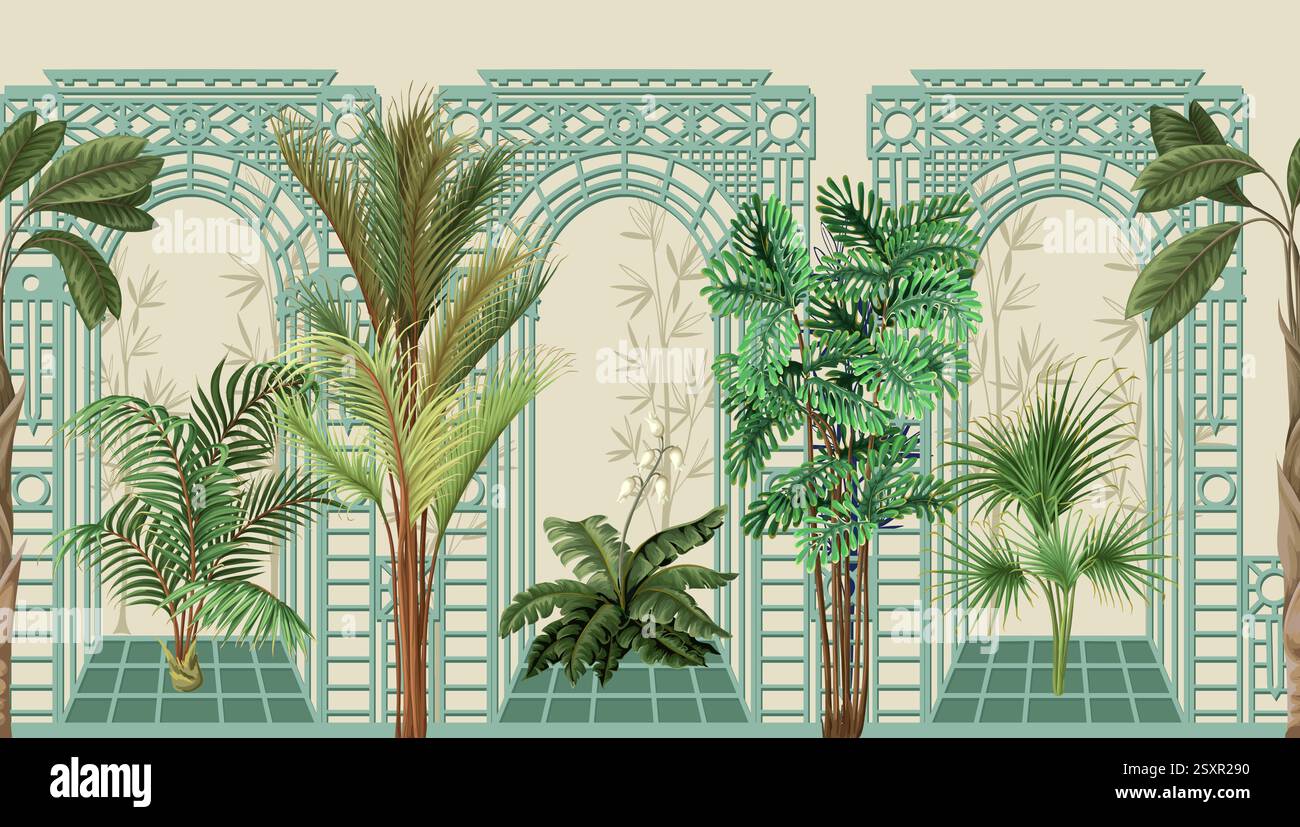 Border with architectural arch, portal and tropic trees. Vector Stock ...