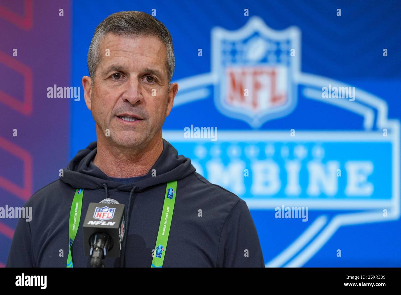 Baltimore Ravens head coach John Harbaugh speaks during a press ...