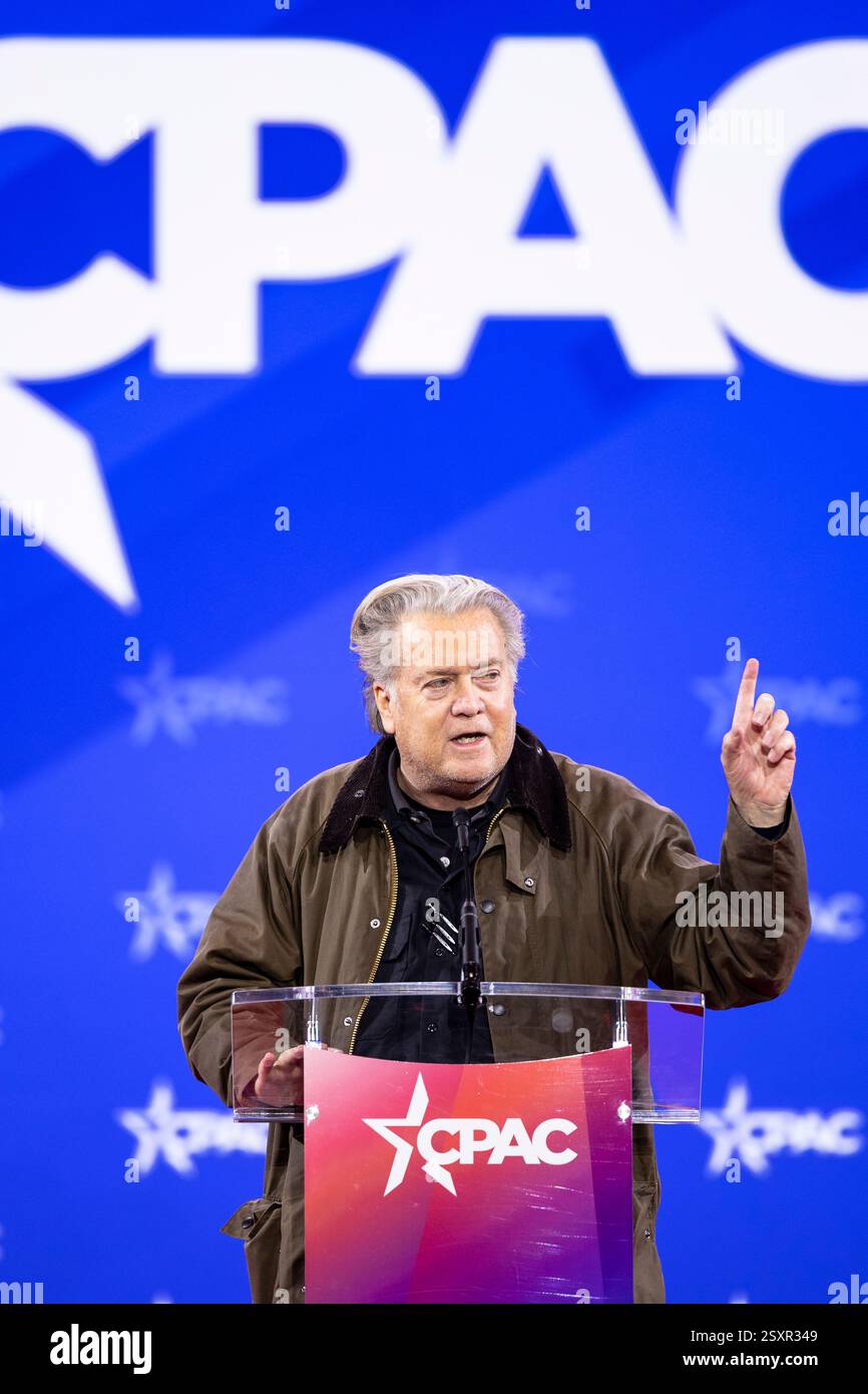NATIONAL HARBOR, MD, USA — February 20 2025: Steve Bannon speaks on day ...
