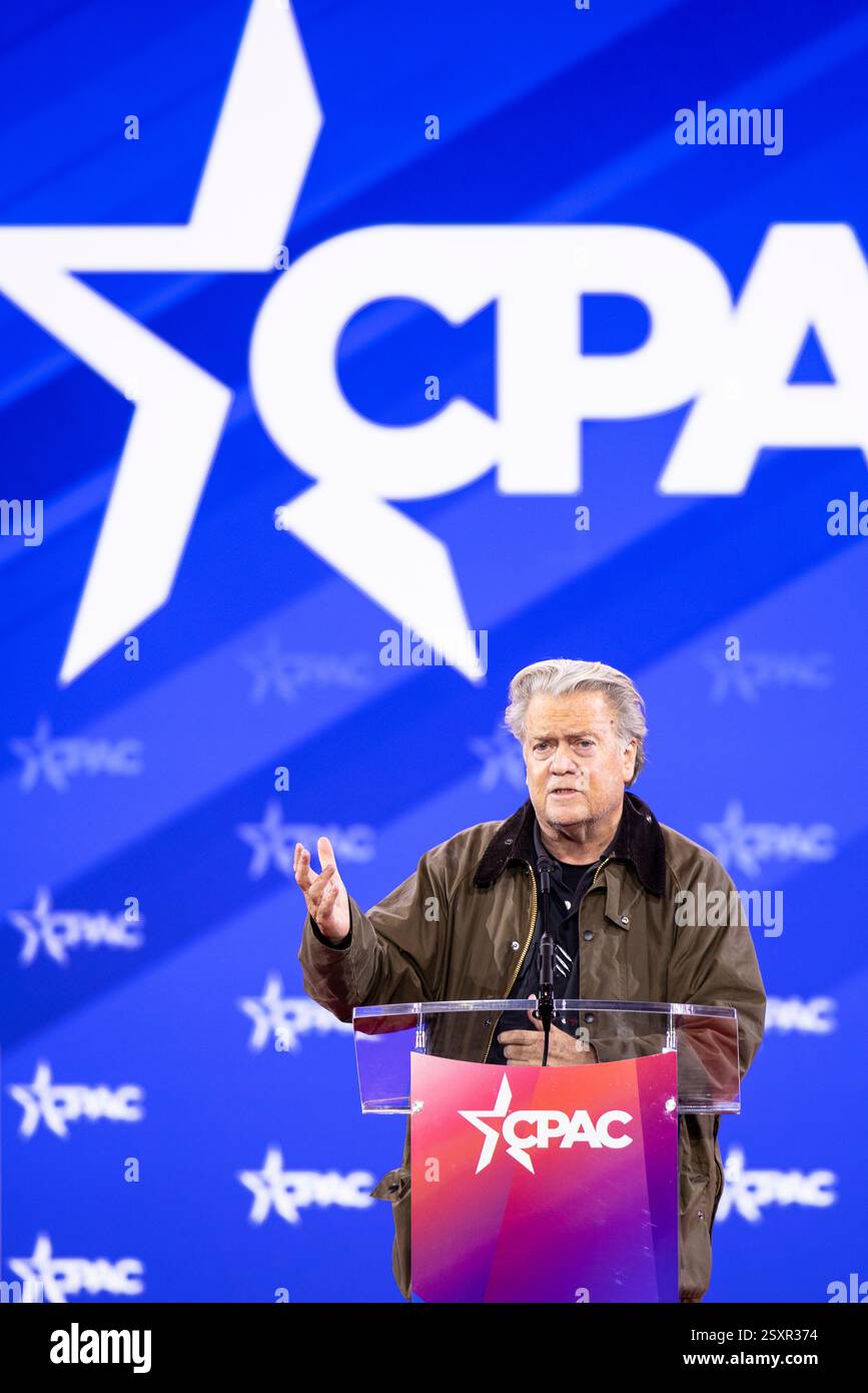 NATIONAL HARBOR, MD, USA — February 20 2025: Steve Bannon speaks on day ...