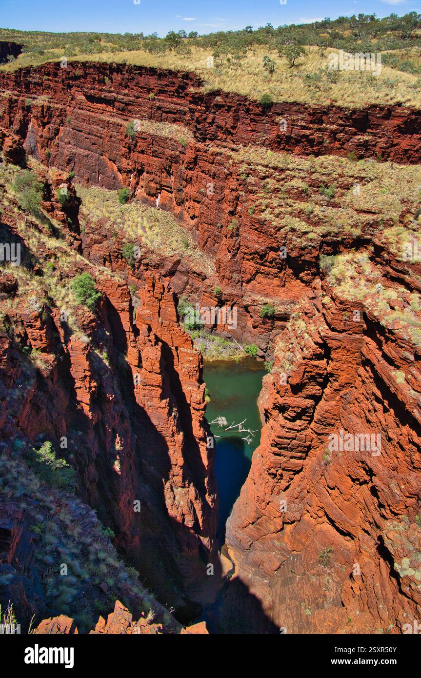 View of the deep, narrow Weano Gorge, carved into red, iron-rich banded ...