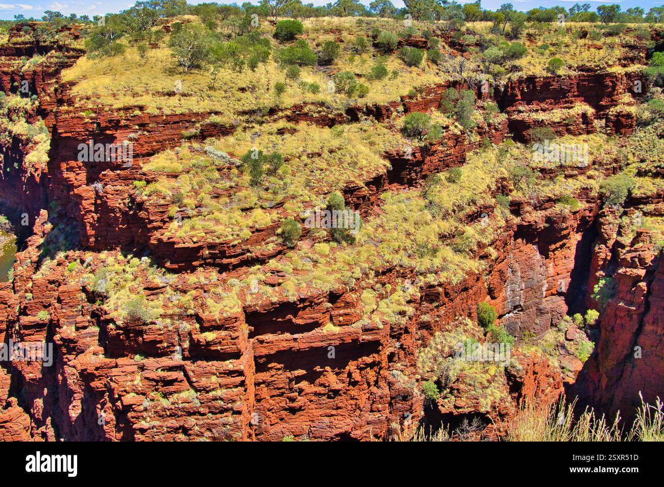 View of the deep, narrow Weano Gorge, carved into red, iron-rich banded ...
