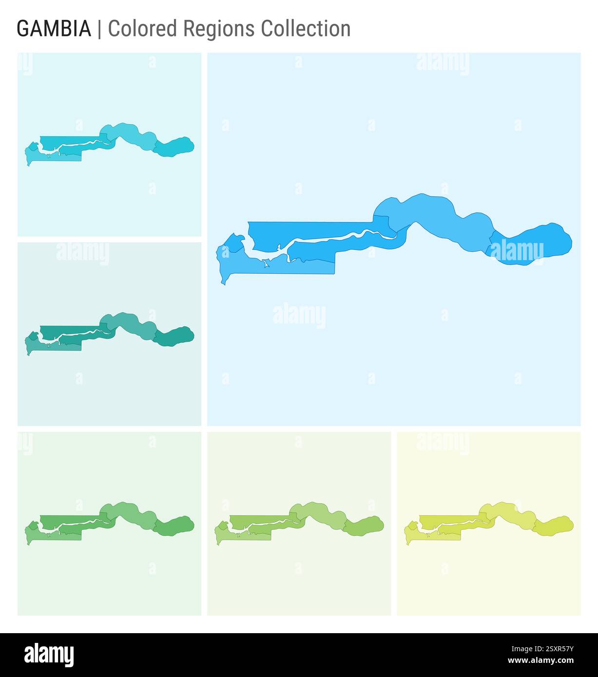 Gambia map collection. Country shape with colored regions. Light Blue ...