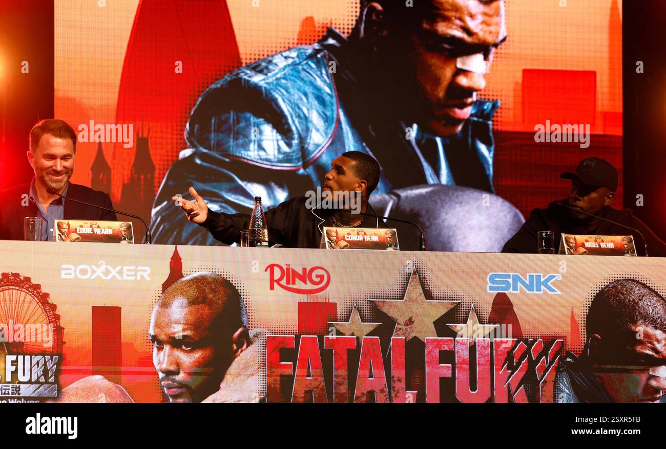 Eddie Hearn, Conor Benn and Nigel Benn during a press conference at ...