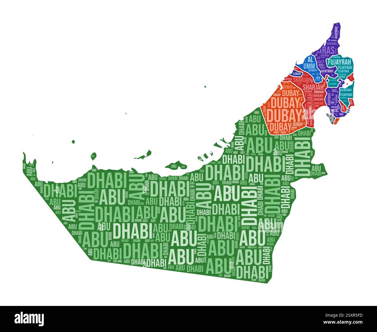 United Arab Emirates shape. Country word cloud with region division ...