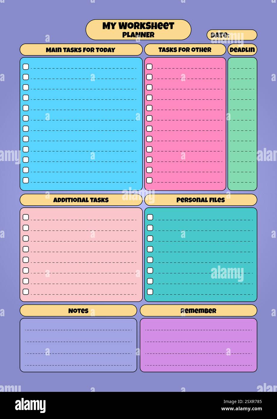 A structured work sheet planner with task lists, deadlines, and notes ...