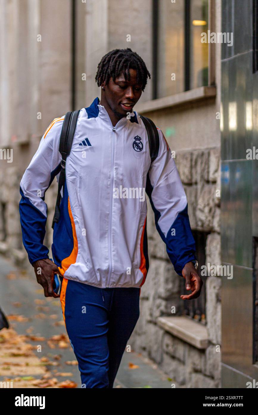 Basketball player Eli John Ndiaye, who currently plays for Real Madrid, leaves the hotel for the ...