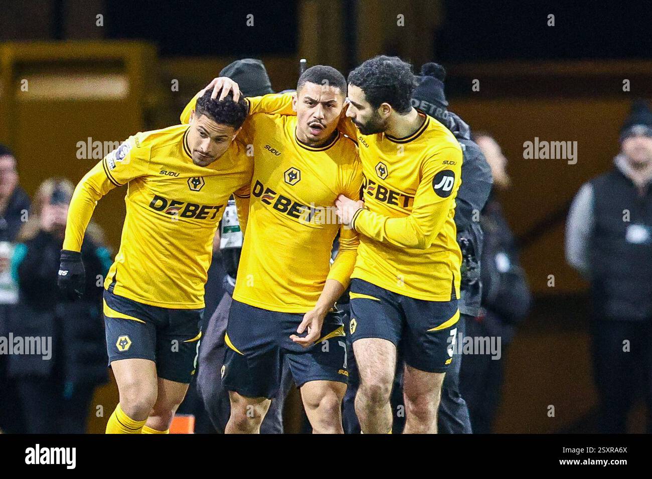 #8, Jo‹o Gomes of Wolves (left) is congratulated for his goal during ...