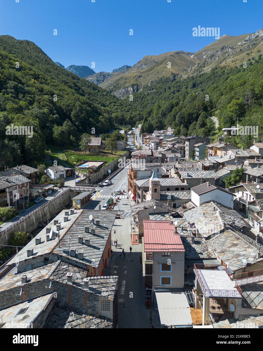 View of Crissolo, a small mountain village in the province of Cuneo ...