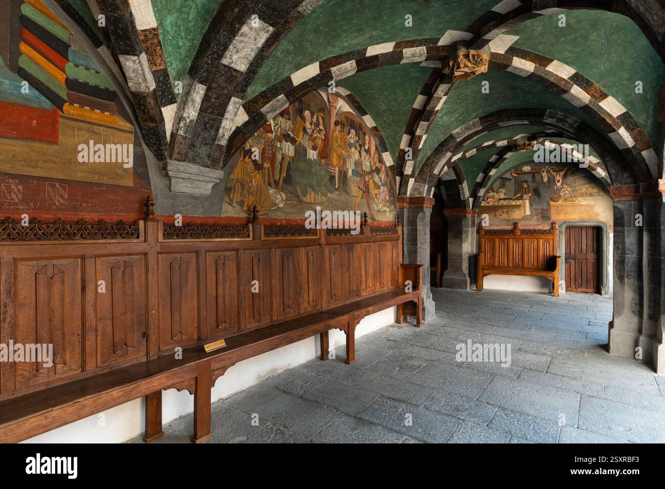 Issogne Castle, Aosta Valley, Italy, July 20, 2024. Frescoes decorating ...