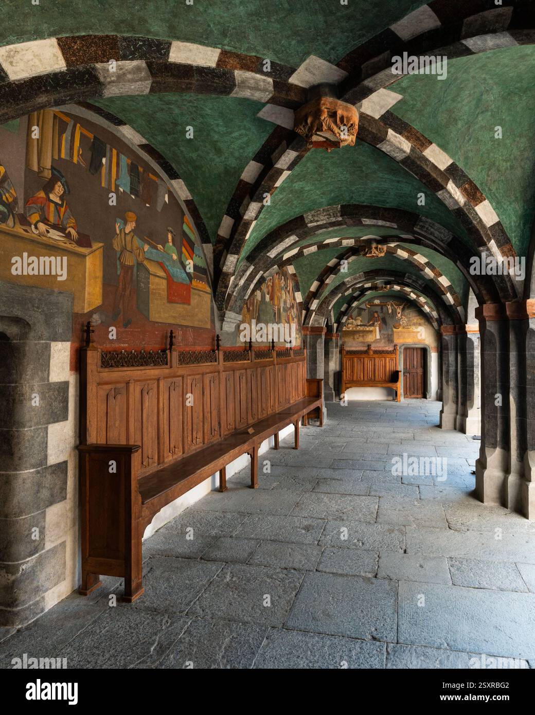 Issogne Castle, Aosta Valley, Italy, July 20, 2024. Frescoes decorating ...
