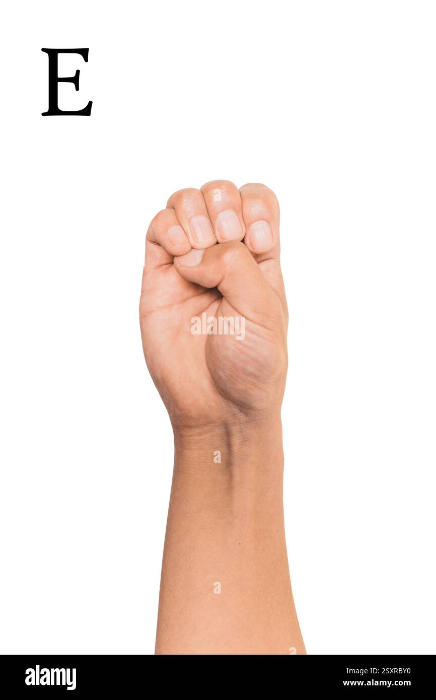 Sign language letter E with white background Stock Photo - Alamy