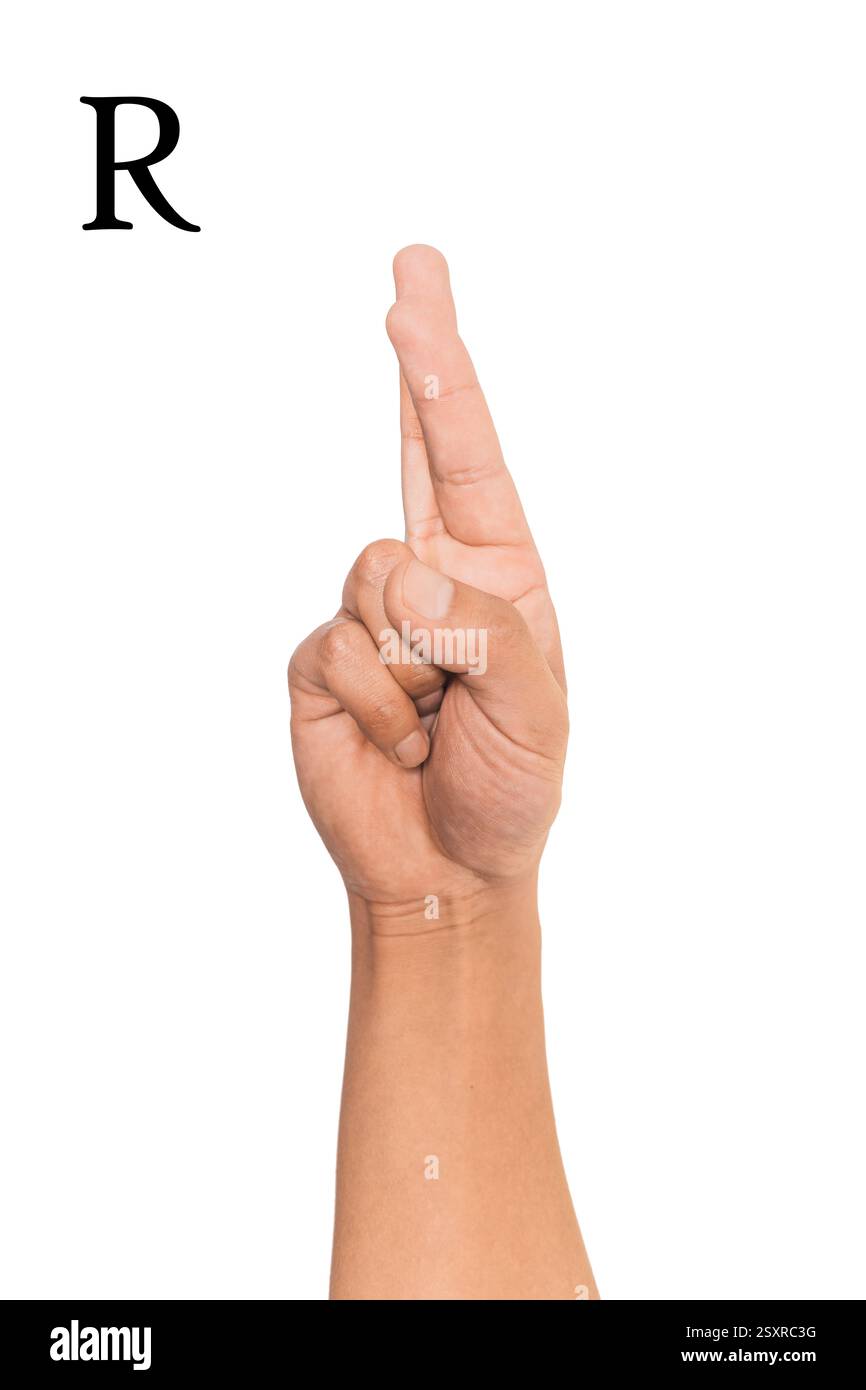 Sign language letter R with white background Stock Photo - Alamy